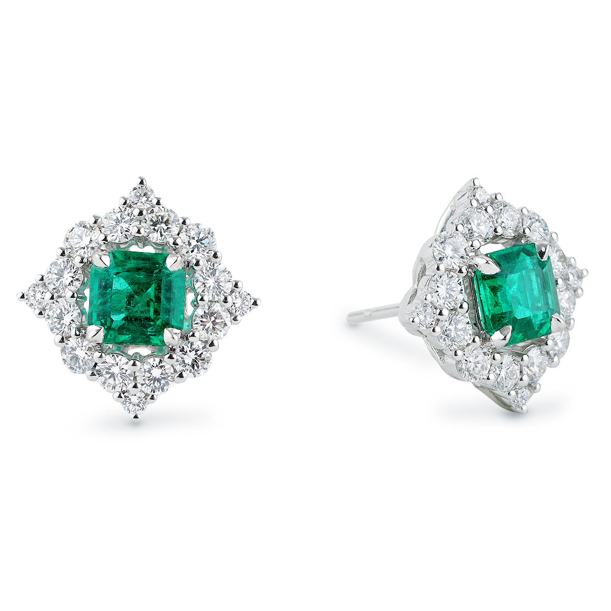 New York Jewelers 2.66 Cttw Asscher Emerald and Diamond Fancy Halo Stud Earrings in White Gold
